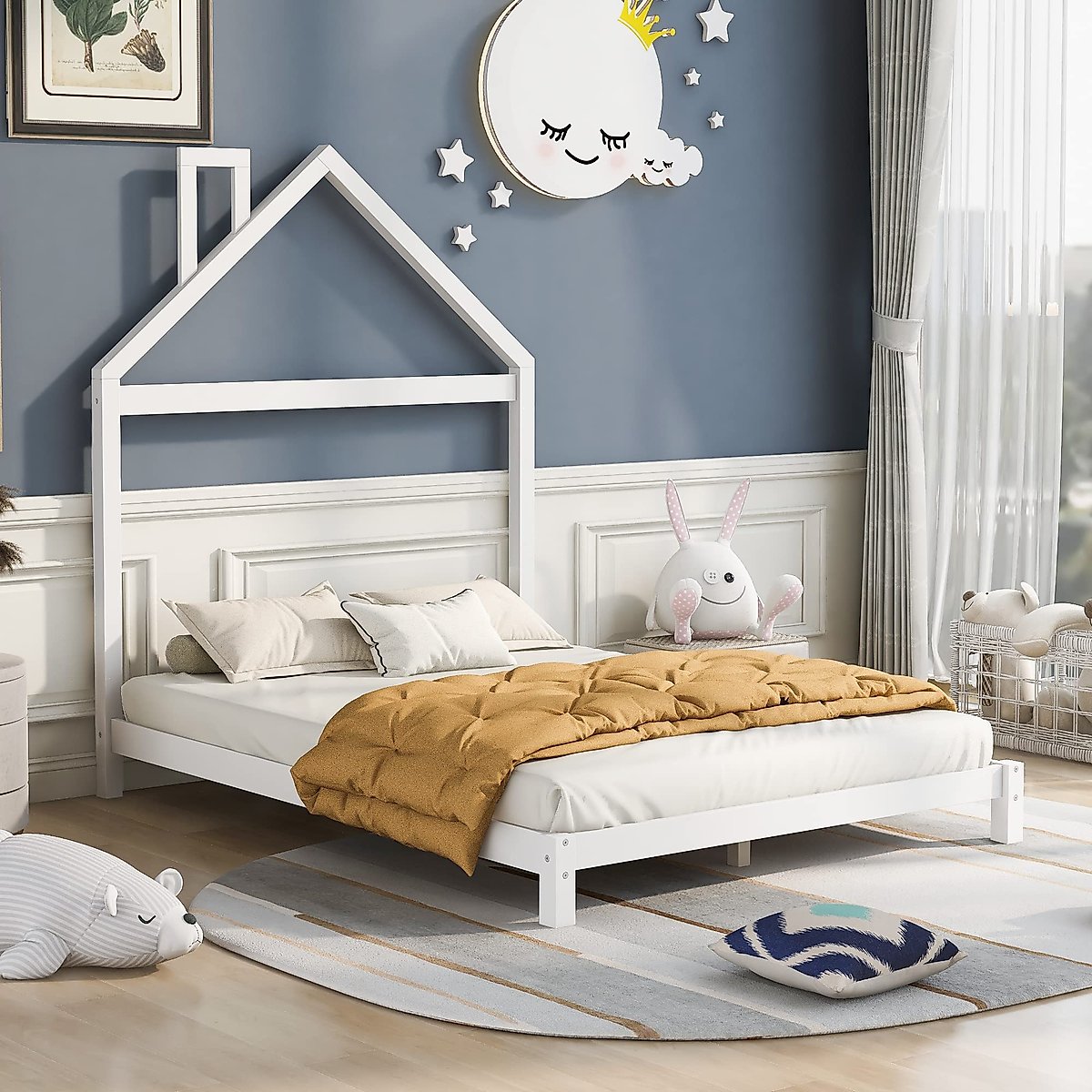 Full Size House Platform Bed Frame Mattress Foundation with Headboard/No Box Spring Needed/Easy Assembly, White