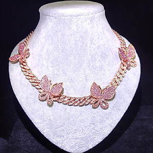 YBMYCM Butterfly Cuban Necklace Crystal Collars Cuban Link Chain Iced Bling Butterfly for Women Hip Hop Rapper Jewelry