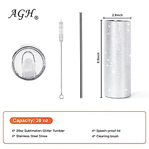 AGH Sublimation Glitter Tumbler Blanks 20oz Glitter Skinny Tumbler Bulk, 4 Pack Silver Stainless Steel Double Wall Insulated with Lid and Metal Straw