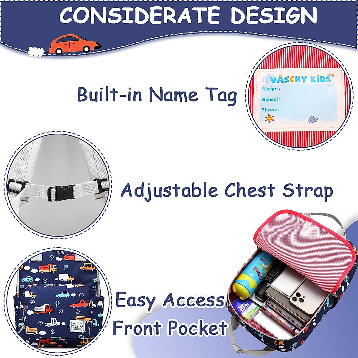 VASCHY Toddler Kids Backpack, Little Boys Lightweight Cute Top Handle Preschool Backpack Tablet Bag for Daycare Kindergarten Vehicles