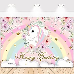GEAMLA 7x5ft Pink Rainbow Unicorn Birthday Party Decoration - Photography Backdrop & Decorations for Girls Bedroom