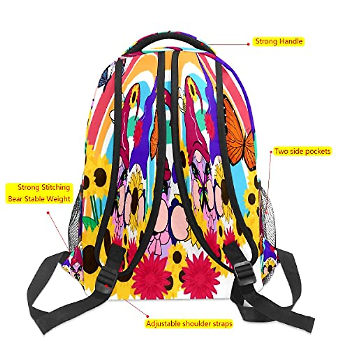 KIOPLYET Gnomes Sunflower Rainbow College Bookbag School Bag Children Kids Teens Business Laptop Backpack Travel Hiking Daypack Large Diaper Bag for Adult
