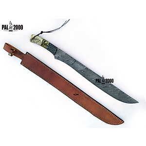 PAL 2000 KNIVES HSK-9990 Handmade Damascus Sword Knife Ram Horn Handle With Sheath