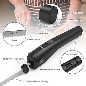 VLOXO Cordless Electric Knife, Electric Knives Rechargeable Bread Knife with Safety Lock Ergonomic Handle Electric Meat Knife for Carving Meat Bread Steak Fish Fillet Cheese Include 2 Blades