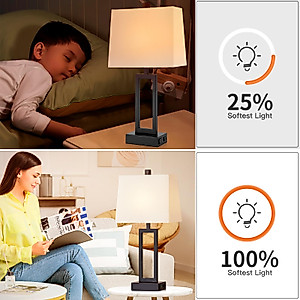 23.5" Touch Control Table Lamps Set of 2, Bedside Lamp with 2 USB Ports & AC Outlet, 3-Way Dimmable Nightstand Lamp with White Linen Shade for Living Room Bedroom End Table Office(2 LED Bulb Included)