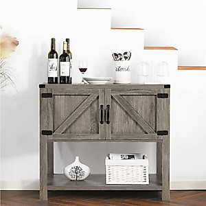 4ever2buy Farmhouse Coffee Bar Cabinet with Barn Doors, Grey Coffee Bar Stand with Storage, 36 inch Coffee and Tea Bar with Bottom Shelf for Living Dining Room