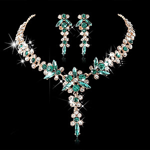 Unicra Bride Necklace Earrings Set Crystal Bridal Wedding Jewelry Sets Rhinestone Choker Necklace Prom Costume Jewelry for Women and Brides (Green)