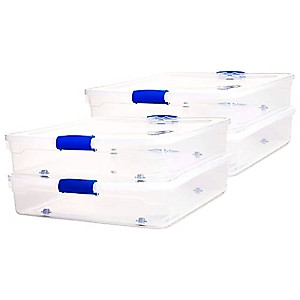 HOMZ 56 Quart Underbed Secure Latching Clear Plastic Storage Container Bin with Lid and Easy Glide Wheels for Home and Office Organization, (4 Pack)