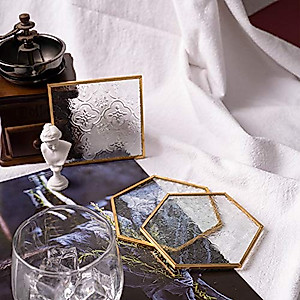 Glass Gold Coasters for Drinks, 6 Pcs Cup Coaster Set with Carved Glass Stylish for Coffee Tea Wine Coasters for Bar with Brass Edge Hexagon and Square Coasters Home Decor