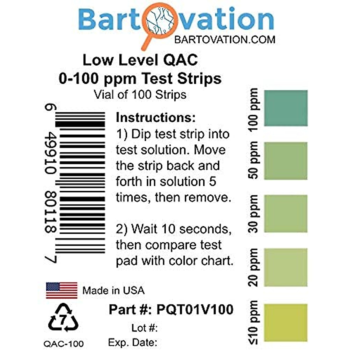 Low Level Residual Quaternary Ammonium (QAC, Multi Quat) Test Strips, 0-100 ppm [Vial of 100 Strips]
