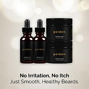 Golden Grooming Beard Oil & Balm Bundle for Men – Natural Growth Kit with Shea Butter – Tame, Moisturize & Style Your Beard (2x Oil 1 Oz - 2x Balm 2 Oz, Natural)
