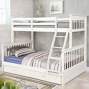 DS-HOMEPORT Twin Over Full Bunk Bed with Two Storage Drawers, Wooden Bunk Beds Frame w/Safety Guardrail ＆ Ladder, Soild Wood Space-Saving Bunkbed for Bedroom Kids Teens Adults(White)