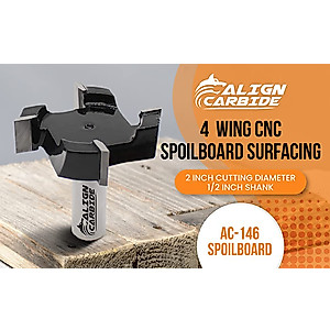 Align Carbide, CNC Spoilboard Surfacing, Slab Flattening Router Bit, 4 Wing, 2 inch Cutting Diameter, 1/2 inch Shank, CNC Router Pro-Series.