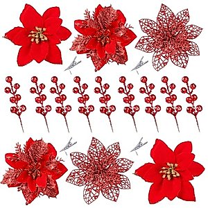 Sggvecsy 30 Pcs 3 Styles Christmas Glitter Poinsettia Flowers Artificial Berry Picks Christmas Tree Ornaments Artificial Christmas Flowers with Clips for Xmas Wedding Wreath Floral Decorations(Red)
