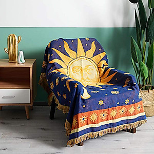 Erke Moon and Sun Throw Blanket Celestial Chair Recliner Cover Bed Spread Hippie Room Decor, Double Sided Cotton Woven Sofa Couch Furniture Aesthetic Throws - 50" X 70", Yellow/Blue