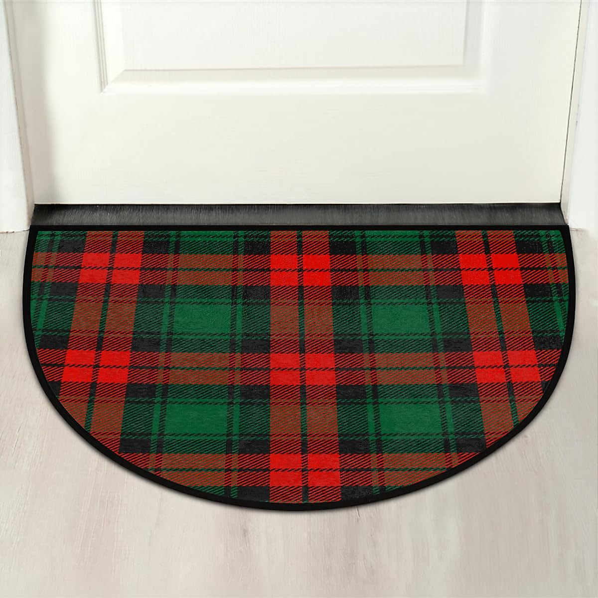 FengQuGou Christmas Balfour Plaid Half Round Doormat Red Green Washable Semi Circle Area Rug Non Slip Absorbent Half Moon Rug for Indoor Outdoor Bathroom Kitchen Living Room Fireplace Floor Mat