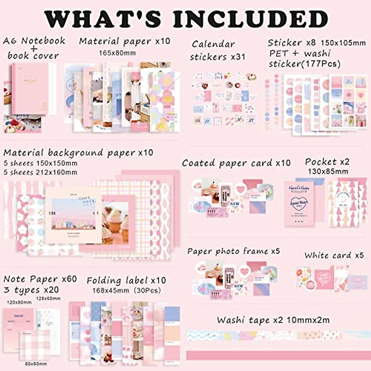 Draupnir Pink Cute Kawaii Aesthetic Scrapbook Kit(348pcs), Bullet Junk Journal Kit with Journaling/Scrapbooking Supplies, Stationery,A6 Grid Notebook with Graph Ruled Pages DIY Gift for Teen Girl
