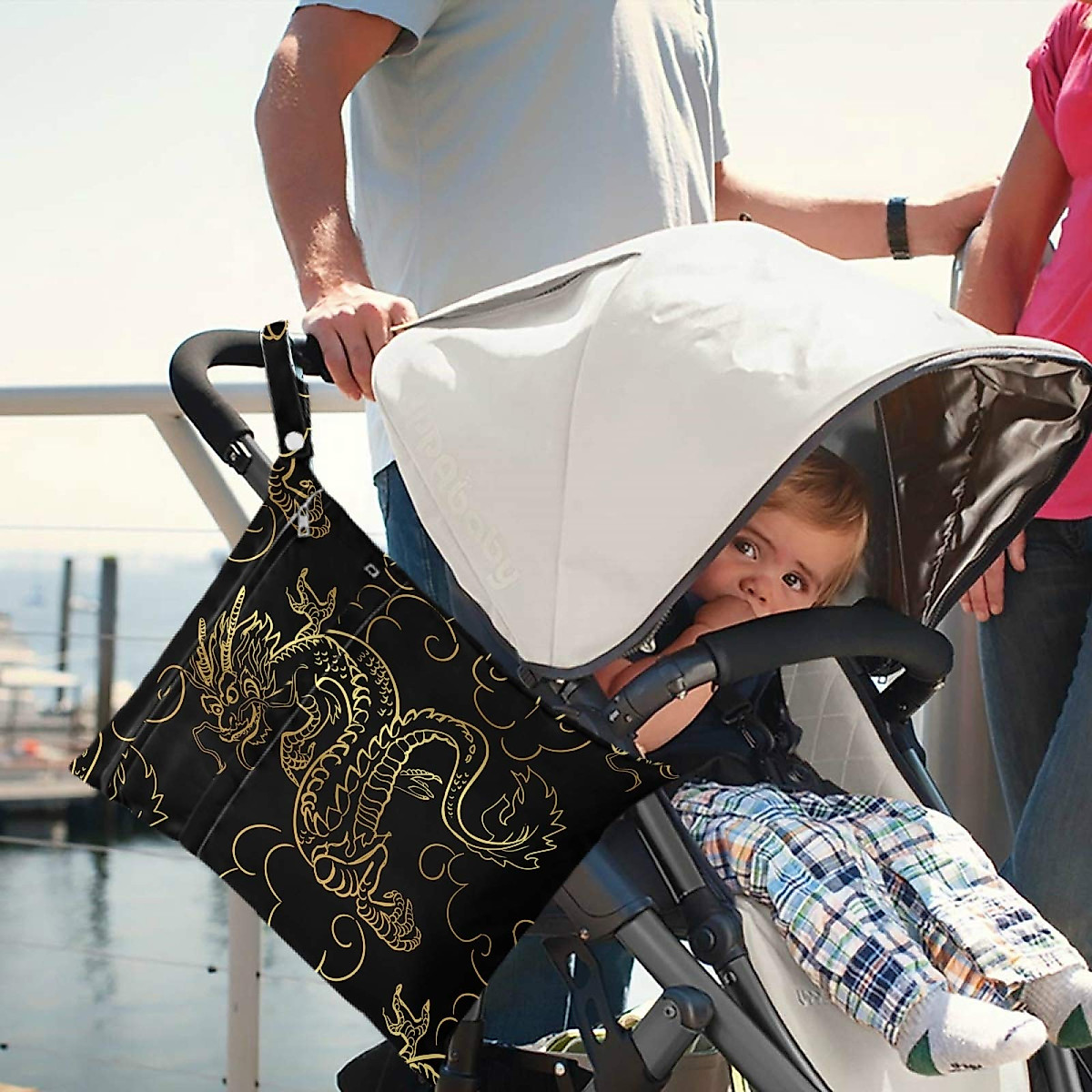 visesunny Gold Dragon 2Pcs Wet Bag with Zippered Pockets Washable Reusable Roomy for Travel,Beach,Pool,Daycare,Stroller,Diapers,Dirty Gym Clothes, Wet Swimsuits, Toiletries