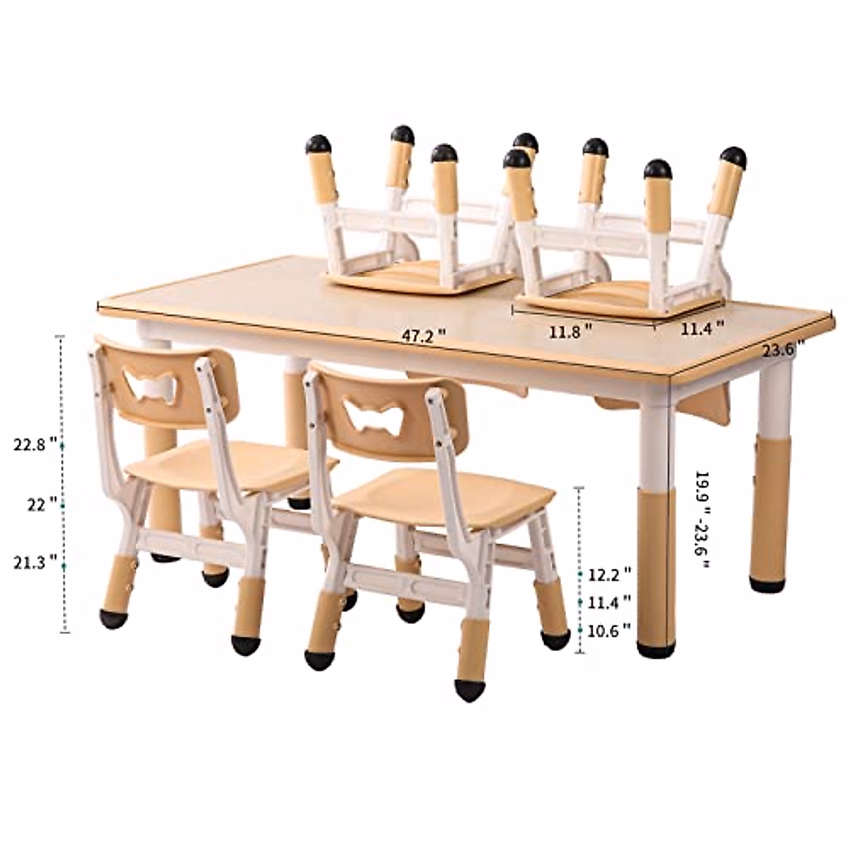 JIAOQIU Kids Table and Chair Set Height Adjustable Toddler Table and 4 Chairs Set Kid Activity Art Table Plastic Children Study Table for School Home Graffiti Table for Ages 2-12 Wood Grain Burlywood