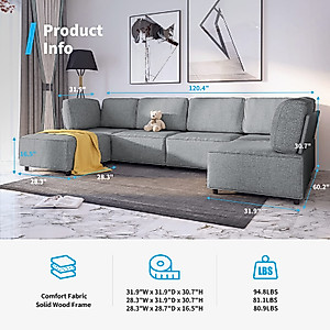 CECER U Shaped Modular Sectional Sofa, Convertible L Shaped Couch Sofa, Queen Sleeper Sofa, Variable Modular Oversized Couches for Living Room, (Light Grey)