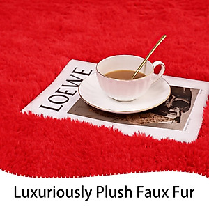 Keeko Fluffy Bedroom Rug, 3x5 Washable Area Rug Shag Fuzzy Faux Fur Rug Modern Rugs for Bedroom Entryway Shaggy Non Shedding Indoor Bedside Rug Small Carpet for Kids Girls Room Home Decor Red