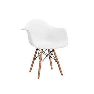 CangLong Natural Wood Legs Mid Century Modern DSW Molded Shell Lounge Plastic Arm Chair for Living, Bedroom, Kitchen, Dining, Waiting Room, Set of 1, White