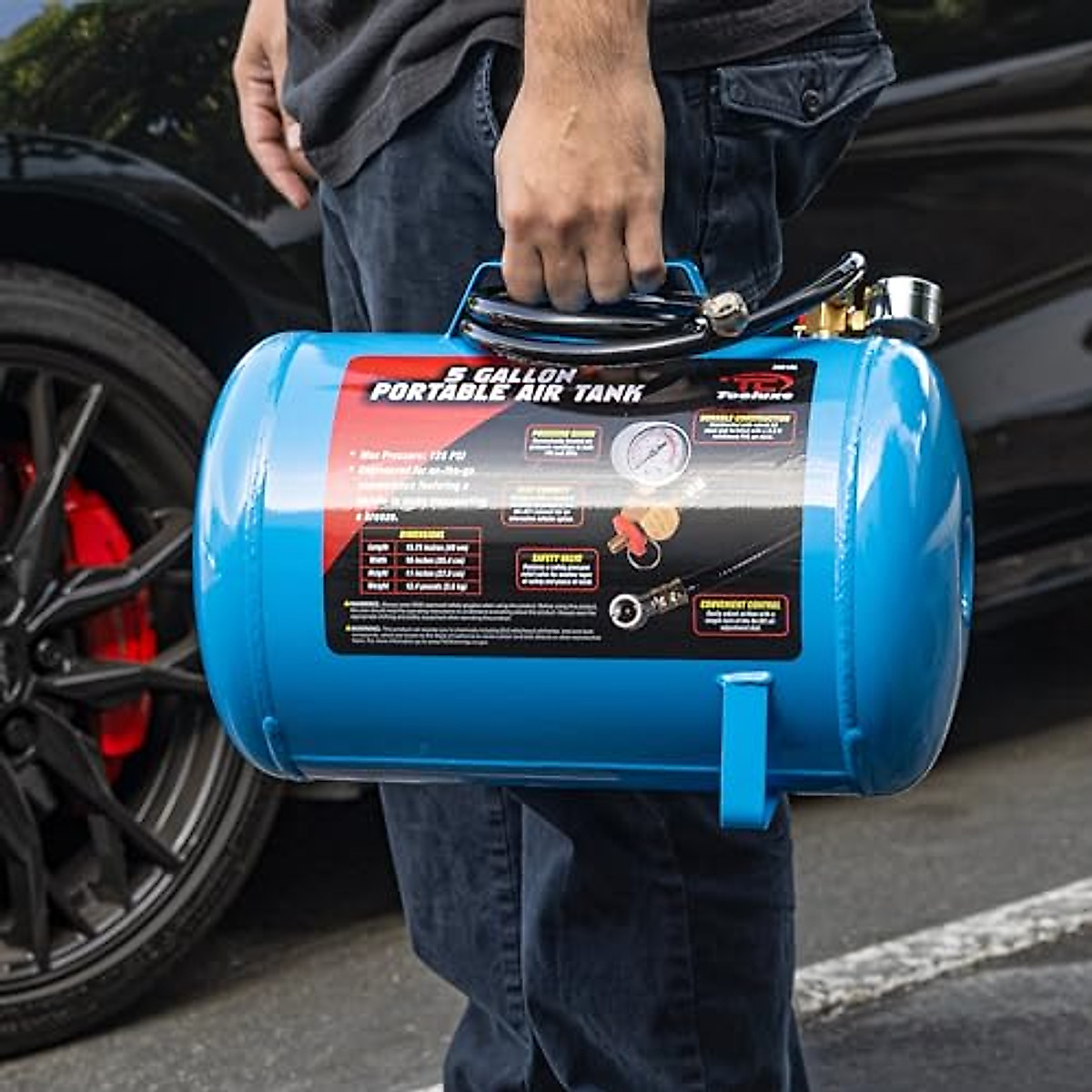 TOOLUXE 30010L 5 Gallon Air Tank, Portable Air Tank, 125 PSI Maximum Pressure, Horizontal Air Compressor Tank, 1/4" NPT 40 Inch Industrial Hose & Chuck, 140 PSI Safety Valve