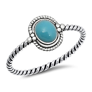 Bali Oxidized Twist Halo Simulated Turquoise Ring 925 Sterling Silver Rope Band Size 8