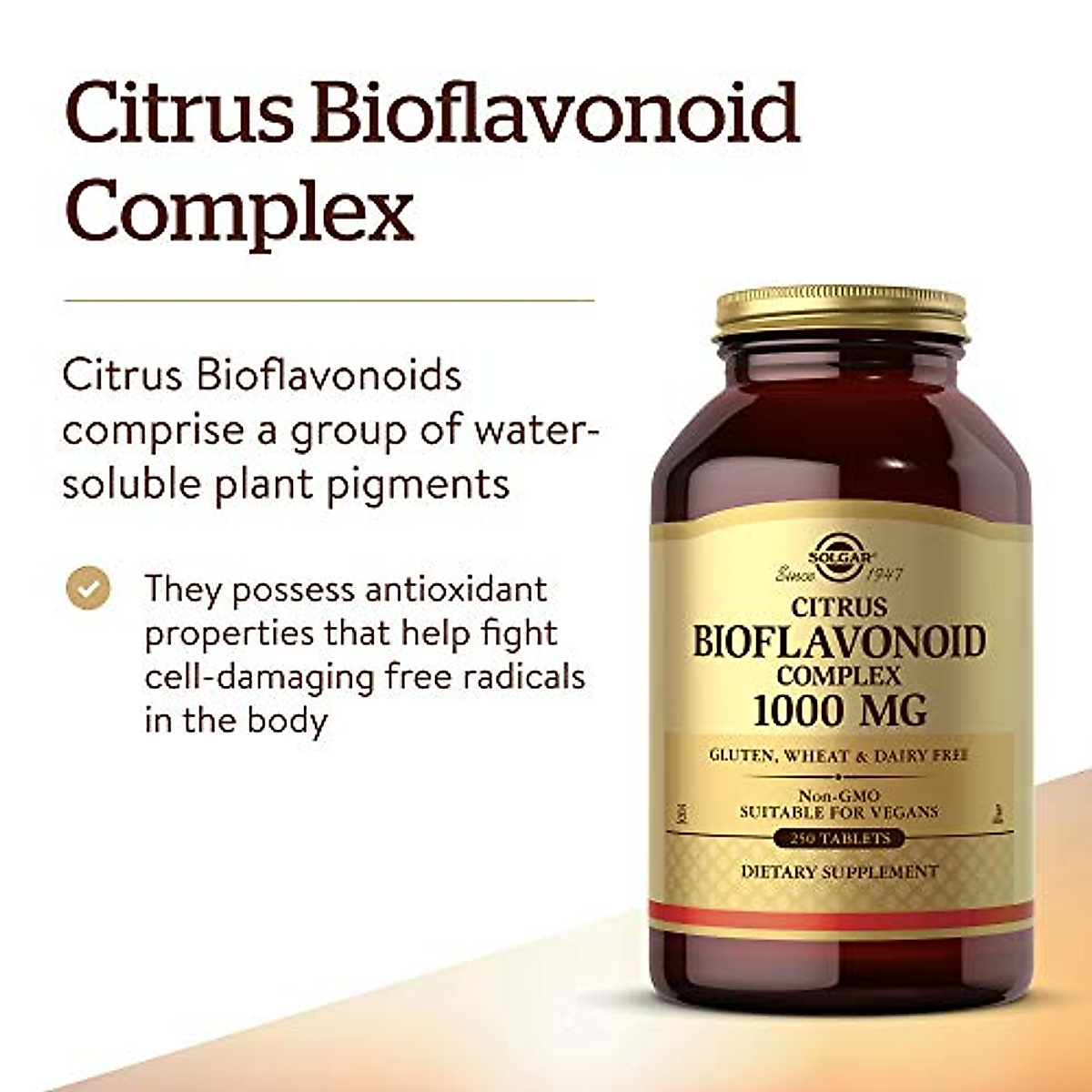 Solgar Citrus Bioflavonoid Complex 1000 mg, 250 Tablets - Antioxidant Support - Promotes Optimal Health - Non-GMO, Vegan, Gluten Free, Dairy Free, Kosher - 250 Servings