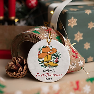 MeMate Personalized Babys First Christmas 2023 Ceramic Ornament, Western Baby's 1st Christmas Ornaments Keepsake, Cowboy Baby Name Ornaments, Christmas Decoration for Newborn