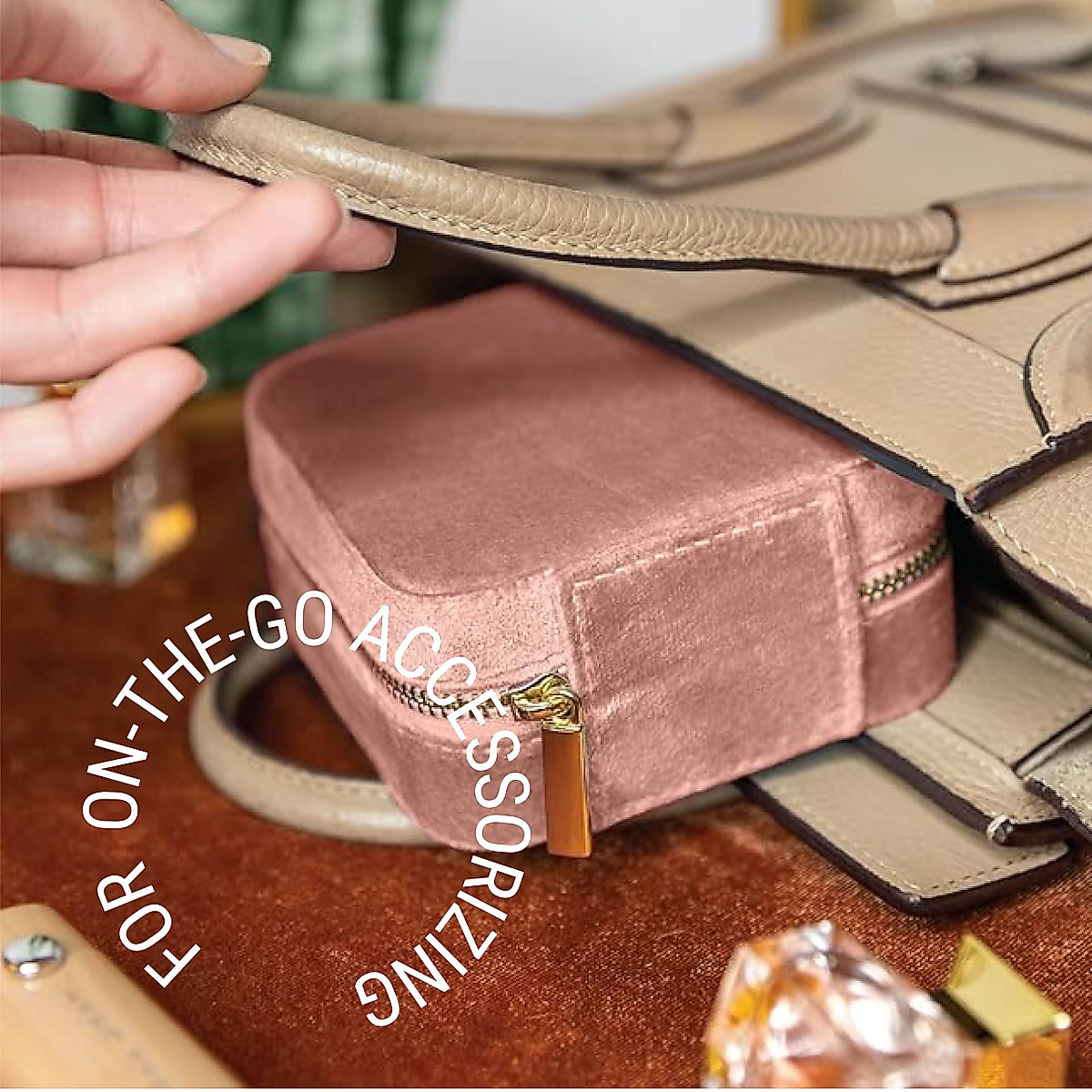 Plush Velvet Travel Jewelry Box Organizer | Travel Jewelry Case, Jewelry Travel Organizer | Small Jewelry Box for Women, Jewelry Travel Case | Earring Organizer with Mirror - Dusty Pink