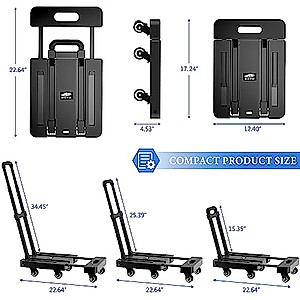 SOYO Folding Hand Truck, 500lbs Heavy Duty Dolly, Portable 6 Wheels Collapsible Luggage Cart with 2 Elastic Ropes for Moving, Travel, Shopping, House Office Use, Black