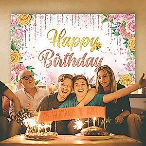 Pink Happy Birthday Backdrop, Floral Gold Glitters Birthday Banner with Rose Flower Birthday Decorations, Large Happy Birthday Photo Yard Sign Backgroud Party Supplies for Women Girls, 70.8x43.3 Inch