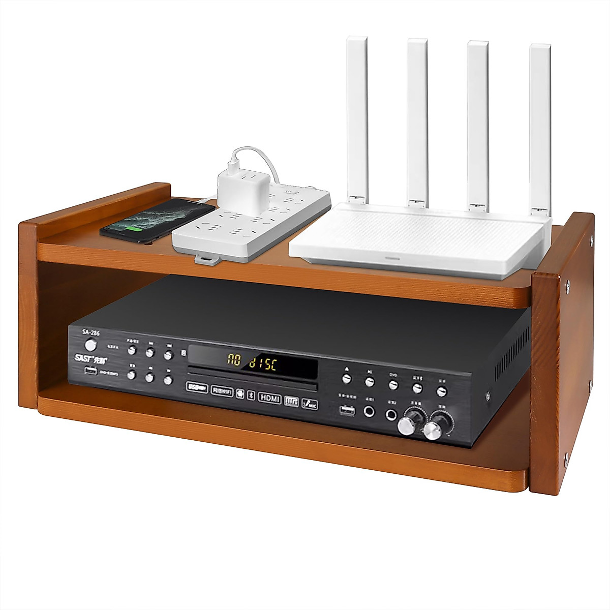 BAMTALK 2 Tiers WiFi Router Floating Shelves Under TV DVD, Wall Mounted & Table Top, Wooden Component Shelf for Media Console, Modem, Cable Box, PS4, Game Console, TV Accessories