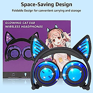 Olyre Stylish Wireless Cat Headphones for Kids with Microphone On-Ears Stereo Foldable LED Cute Kitty Gift Bluetooth Headset, Compatible with Computer Tablet PC iPad Smartphone Laptop, Black
