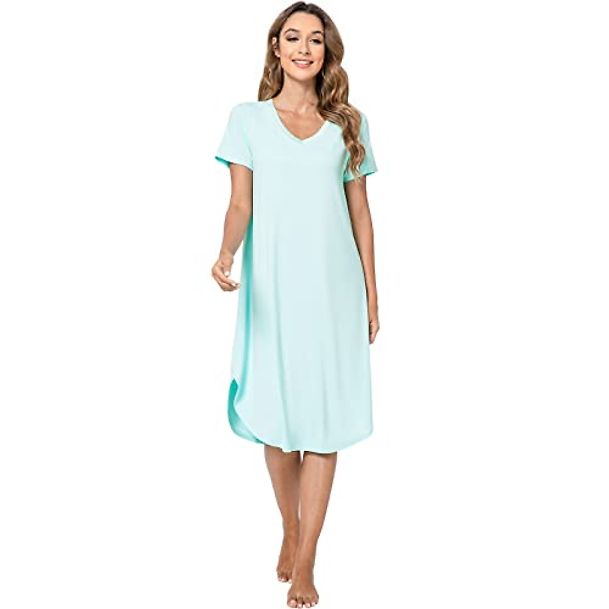 QUALFORT Womens Bamboo Nightgown Short Sleeve Sleepwear V Neck Loungewear Side Slit Soft Nighdress Aqua Green Medium