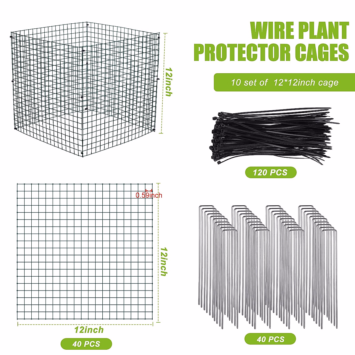 10 Pack Small Wire Plant Protectors 12x12 in Square Plant Protectors from Animals Mesh Plant Cage Chicken Wire Cloche for Plants Shrubs with Ground Stakes and Nylon Ties (Dark Green,Thickness 1mm)