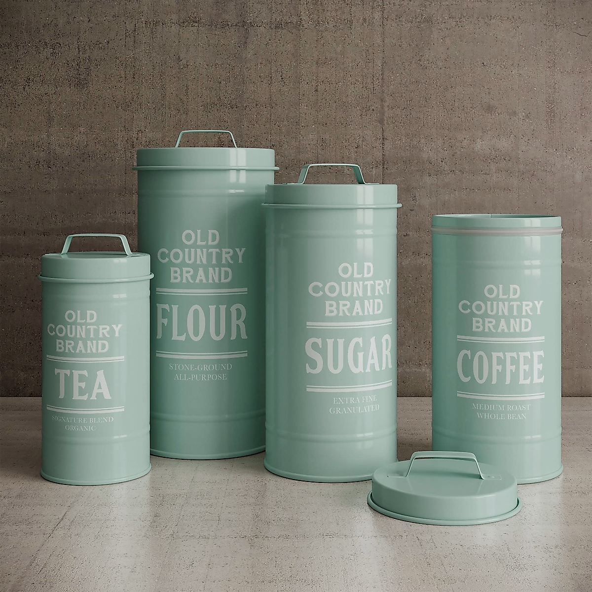 Barnyard Designs Canister Sets for Kitchen Counter, Farmhouse Canisters Sets for the Kitchen Countertop, Metal Canister with Lid, Coffee Tea Sugar Flour Container Set for Counter (Mint)