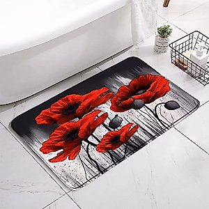 UAEAEX Red Black Flower Bath Mat Burgundy Red Floral Grey Abstract Graffiti Spring Summer Microfiber Memory Foam Bath Kitchen Living Room Foyer Decor Rug