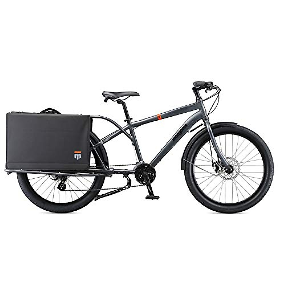 Mongoose Envoy Cargo Bike with 26-Inch Wheels in Grey, Small/Medium Frame, with 8-Speeds, Shimano Drivetrain, Aluminum Cargo Frame, Internal Cable Routing, Mechanical Disc Brakes, and Center Kickstand