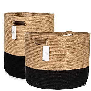 Chloe and Cotton Woven Coiled Rope Storage Baskets XL 19 x 16 inch and XXXL 15 x 21 Jute Black Handles | Decorative Laundry Clothes Hamper, Blanket, Towel, Baby Nursery Bin Cute Organizer