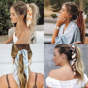 12 Pcs Hair Scarf/ Scrunchies Chiffon Floral Ponytail Holder Scrunchy Bands Ties 2 in 1 Vintage Accessories for Women Girls