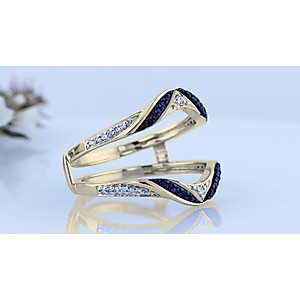 Dazzlingrock Collection Round Blue Sapphire & White Diamond Ladies Wedding Band Guard Double Ring in 14K Yellow Gold, Size 6