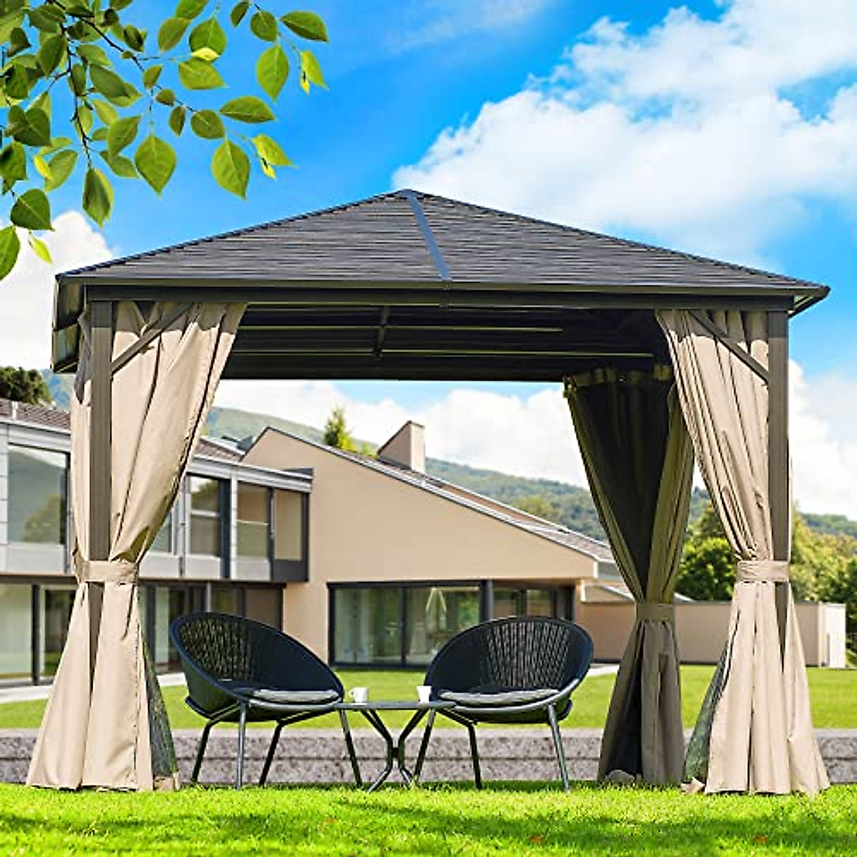 Domi 10'x10' Outdoor Hardtop Gazebo Permanent Canopy with Galvanized Steel Single Roof, Aluminum Frame,Curtains and Netting for Patios,Backyard,Lawns