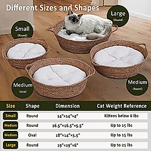 MewMewLand Natural Cat Wicker Bed Basket, Handmade Braided Cattail Leaf Kitten Bed with Soft Cushion Medium Oval