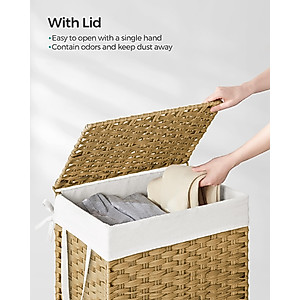 SONGMICS Laundry Hamper with Lid, 23.8 Gallon (90 L) Synthetic Rattan Clothes Laundry Basket with Lid and Handles, Foldable, Removable Liner, Goose Yellow ULCB51NL