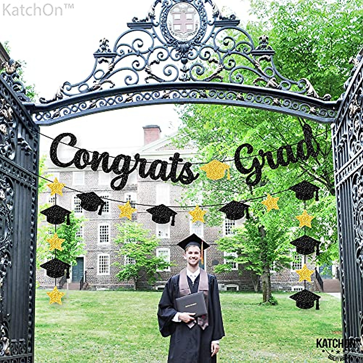 Congrats Grad Banner, Black Glitter - 10 Feet and Cap Garland, No DIY | Graduation Banner, College Graduation Decorations | Black and Gold Graduation Party Decorations 2023 | Congratulations Banner