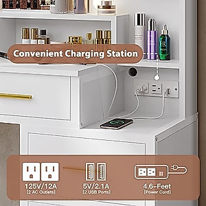 Tiptiper Makeup Vanity with Lights, Vanity Desk with Charging Station, White Vanity Table with 10 Light Bulbs Mirror & 3 Lighting Modes, Makeup Desk with Drawers, Nightstand and Storage Shelves