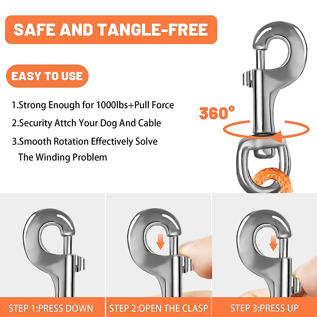 HaiYUAN Dog Tie Out Cable 10/15/20/30FT Dog Run Cable Orange/Grey Tie Out Cable for Dogs with Reflects Light Dog Cable for Large Dogs Heavy Duty for Outside Hold Large Dogs Up to 100LBS