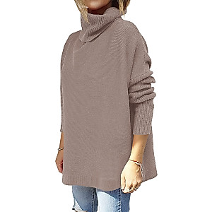 ANRABESS Women's Oversized Turtleneck Batwing Sleeve Spilt Casual Loose Knit Tunic Pullover Sweater Tops 2025 Fall Outfits Brown Small
